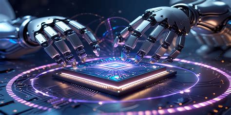 고급 기술 및 Ai를 상징하는 미래 회로 보드에서 빛나는 마이크로 칩을 조작하는 로봇 손의 클로즈업 확대 로봇 소유 배경