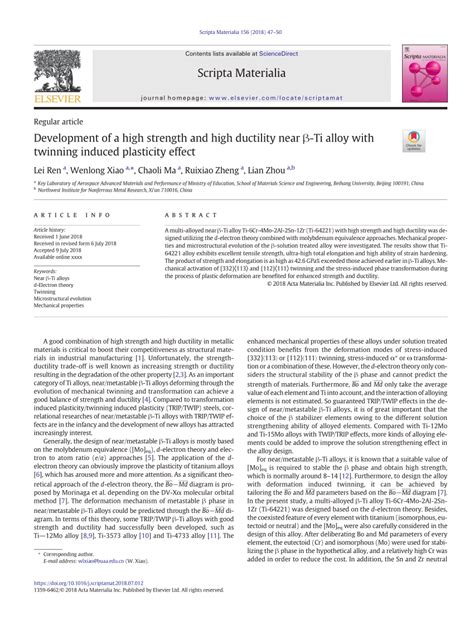Pdf Development Of A High Strength And High Ductility Near β Ti Alloy With Twinning Induced