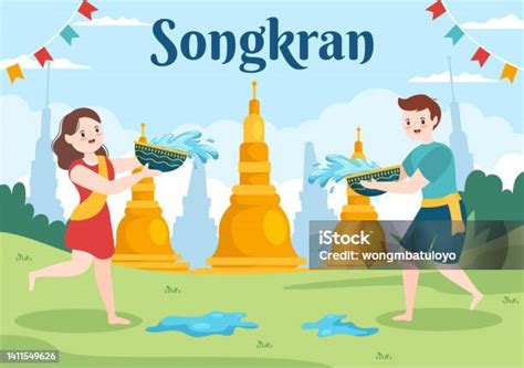 สุขสันต์วันเทศกาลสงกรานต์วาดการ์ตูนภาพประกอบการเล่นปืนฉีดน้ําในการเฉลิมฉลองประเทศไทยใ ภาพประกอบ