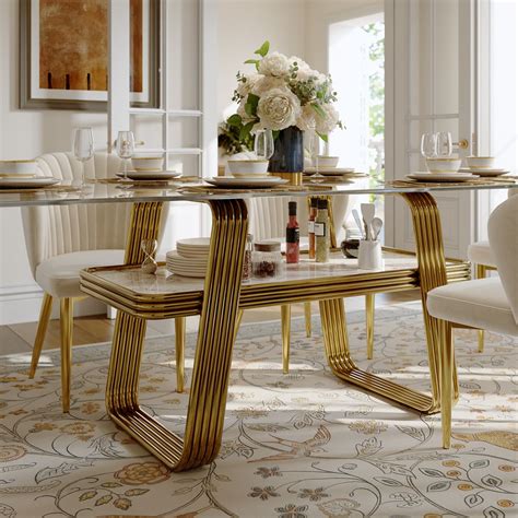 71 79 Modern 6 Seater Rectangular Glass Dining Table Set With Tempered Glass Top And Gold Base