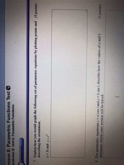 Solved Esson 8 Parametric Functions Test Ecalculus B Unit
