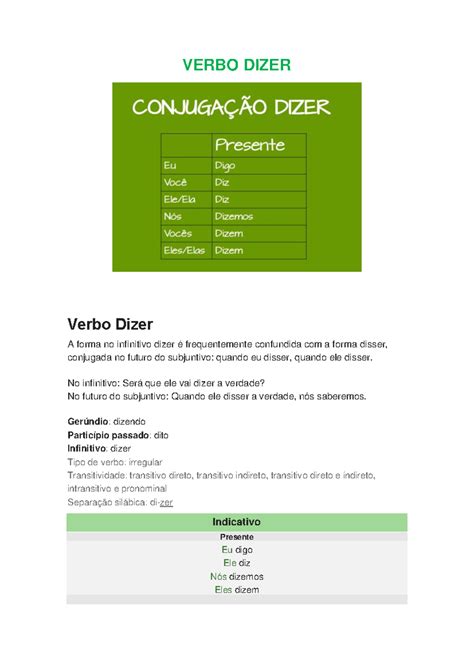 Verbo Dizer Verbo Dizer Verbo Dizer A Forma No Infinitivo Dizer é