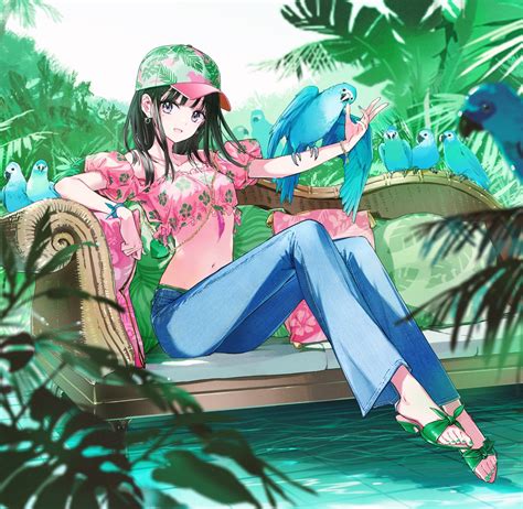 Safebooru 1girl Bird Black Hair Blue Pants Blurry Blurry Foreground