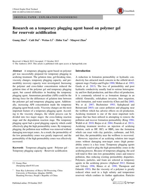 Pdf Research On A Temporary Plugging Agent Based On Polymer Gel For Reservoir Acidification