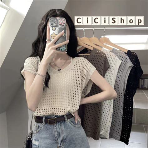 Cicishop 73180 เสื้อไหมพรมคอวีknit ต่าข่ายซีทรูเบาๆใส่คลุมบราชิคๆ เก๋ๆ มีความแอบแซ่บ ปังๆ