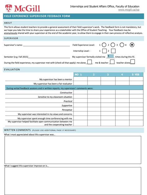 Field Experience Supervisor Feedback Form 1 Mcgill Fill Out And Sign Printable Pdf Template