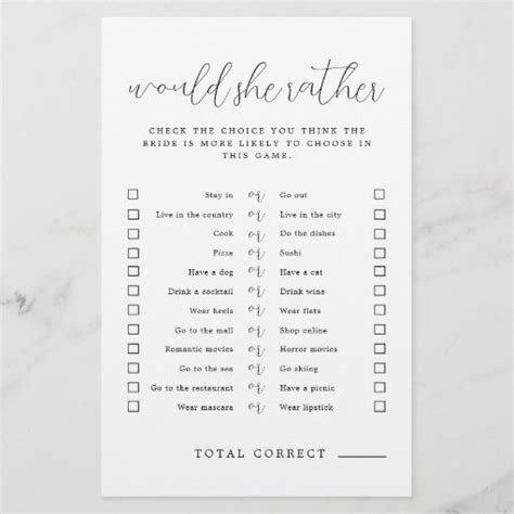 Rustic Would She Rather Bridal Shower Game Zazzle