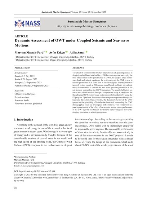 Pdf Dynamic Assessment Of Owt Under Coupled Seismic And Sea Wave Motions