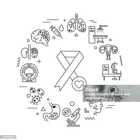 암 웹 배너 종양학 의료 진단 악성 신생물 흰색 배경에 선형 아이콘이 있는 인포그래픽입니다 창의적인 아이디어 개념 격리된 윤곽선 검정 일러스트 개념에 대한 스톡 벡터 아트