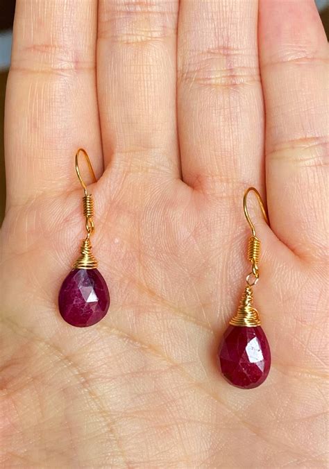 Natural Ruby Briolette Teardrop Ruby Gold Wrapped Dangle Earrings July Birthstone Earrings