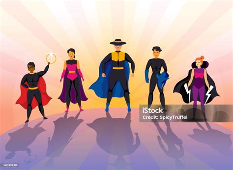 슈퍼 히어로 팀 정의 배경의 실루엣 리그 망토에있는 남성과 여성 인물의 그룹 보호자 파티 영웅적인 사람들 클립 아트 강한 근육질의 사람 벡터 만화 일러스트 레이 션 슈퍼
