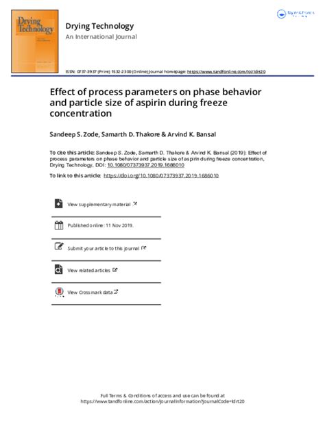 Pdf Effect Of Process Parameters On Phase Behavior And Particle Size Of Aspirin During Freeze