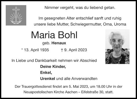 Traueranzeigen Von Maria Bohl Aachen Gedenkt
