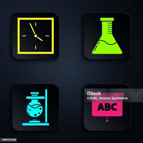 칠판 시계 유리 시험관 플라스크에 불을 붙이고 시험관과 플라스크 화학 실험실을 설정합니다 검은색 사각형 버튼입니다 벡터 0명에 대한 스톡 벡터 아트 및 기타 이미지 Istock