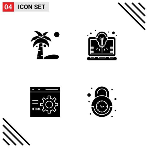 4 Thematic Vector Solid Glyphs And Editable Symbols Of Beach Coding Summer Laptop Development