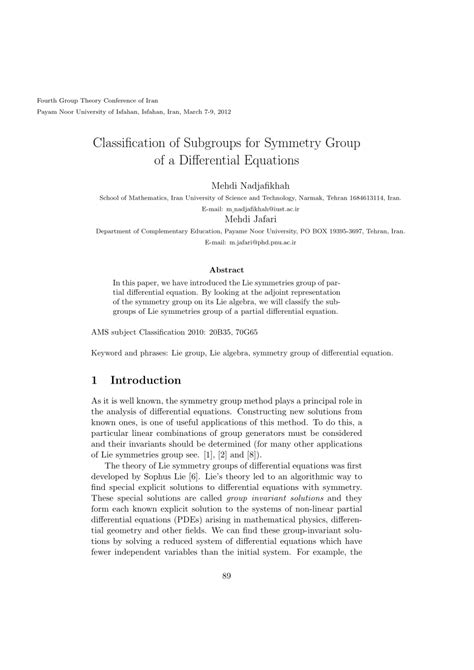 Pdf Classification Of Subgroups For Symmetry Group Of A Differential Equations