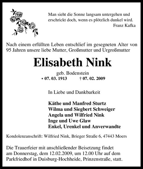 Traueranzeigen Von Elisabeth Nink Trauer In Nrw De