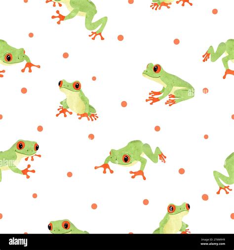 Cute Tree Frog Pattern Seamless Vector Background With Cartoon Green Tropical Frogs Stock
