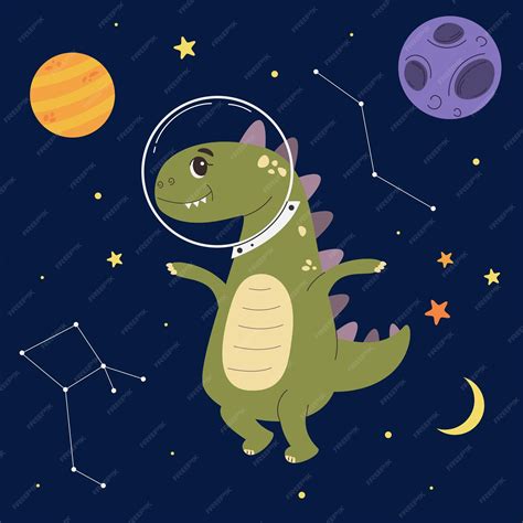 Premium Vector Cute Dinosaur In Space Dinosaur In Outer Space Vector