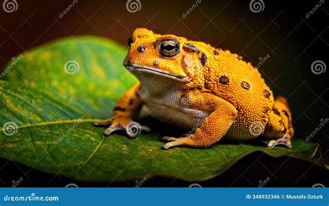 Yellow Harlequin Toad On Leave Full Body View Blurry Leaf S Background