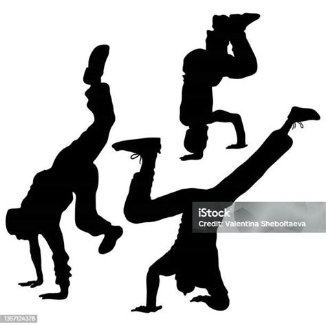 5 명의 남자가 춤추는 브레이크 댄스의 벡터 실루엣 고립 된 남성 핸드 스탠드 헤드 스탠드 무용수들은 곡예사입니다 브레이크 댄싱에 대한 스톡 벡터 아트 및 기타 이미지