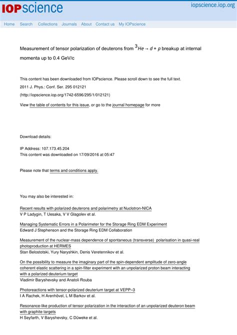 Pdf Measurement Of Tensor Polarization Of Deuterons From 3he → D P Breakup At Internal