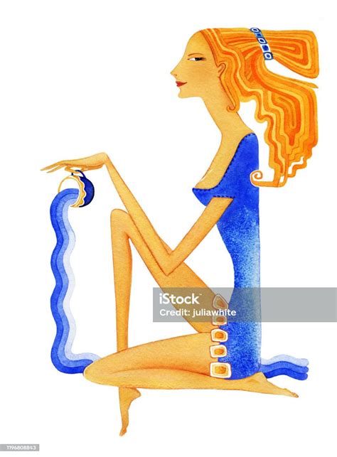 푸른 드레스에 빨간 머리를 가진 젊은 맨발 여자는 조디악 기호 물병자리의 상징으로 컵에서 물을 부어 흰색 배경에 건강한 생활방식에 대한 스톡 벡터 아트 및 기타 이미지