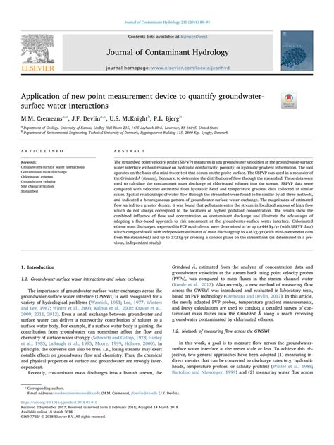 Pdf Application Of New Point Measurement Device To Quantify Groundwater Surface Water Interactions