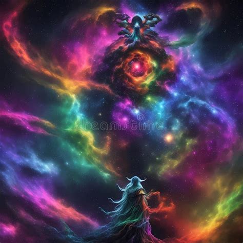 Ai Generated Illustration Of A Woman Gazing At The Starry Sky And Mesmerizing Nebula Stock