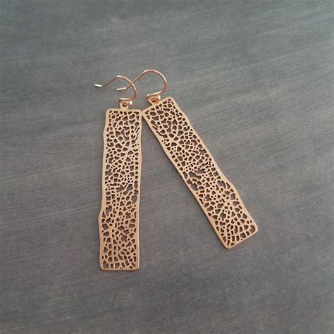 Long Rose Gold Rectangle Earrings Skeleton Leaf Earring Organic Shape
