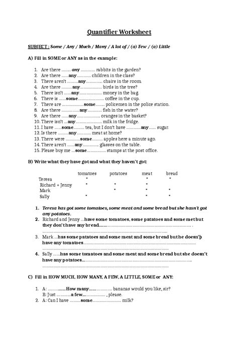 Hv 2 Quantifier Worksheet Quantifier Worksheet Subject Some Any