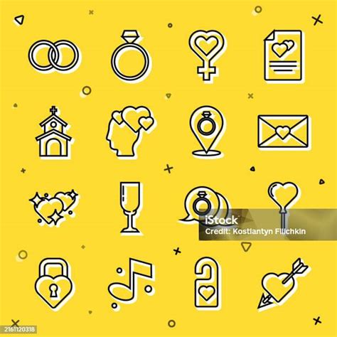 하트와 화살표 풍선 형태의 풍선 봉투 발렌타인 여성 성 기호 머리 교회 건물 결혼 반지 및 아이콘으로 선 Amour를 설정합니다 벡터 3월에 대한 스톡 벡터 아트 및 기타