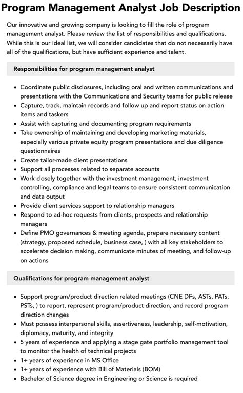 Program Management Analyst Job Description Velvet Jobs
