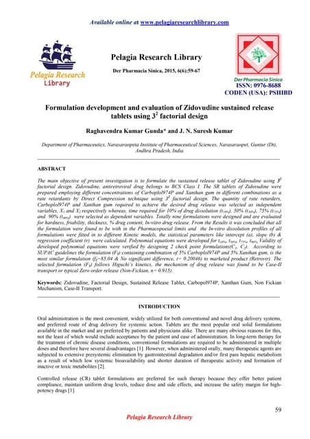 Formulation Development And Evaluation Of Zidovudine Sustained Release Tablets Using 32