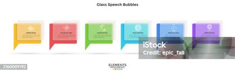 수평 행에 배치된 반투명 직사각형 요소 뒤에 있는 6개의 말풍선 명확한 말하기의 6가지 특징의 개념 최소한의 인포그래픽 디자인 템플릿입니다 현대 평면 벡터 그림입니다 6에