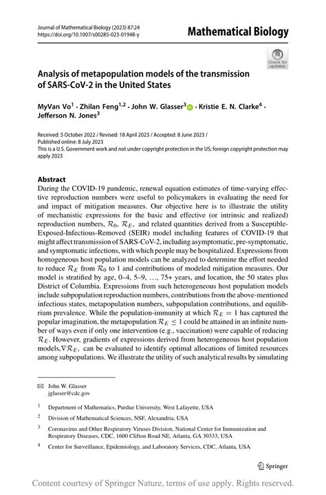 Analysis Of Metapopulation Models Of The Transmission Of Sars Cov 2 In The United States