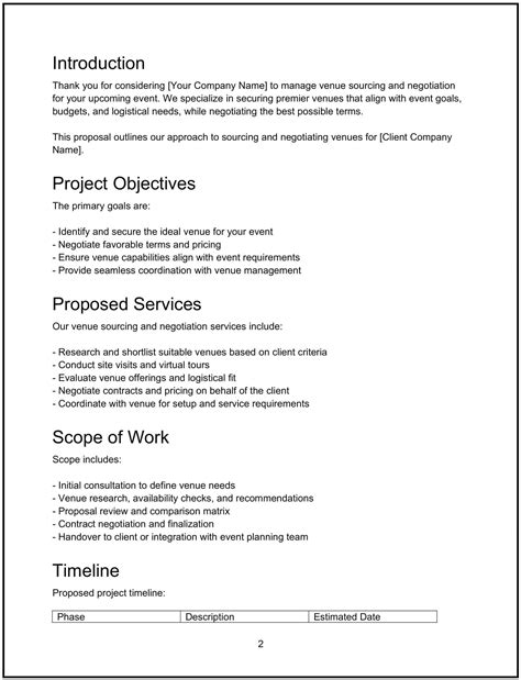 Venue Sourcing And Negotiation Proposal Free Template