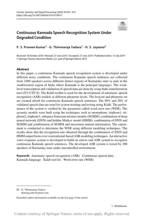 Continuous Kannada Speech Recognition System Under Degraded Condition Request Pdf