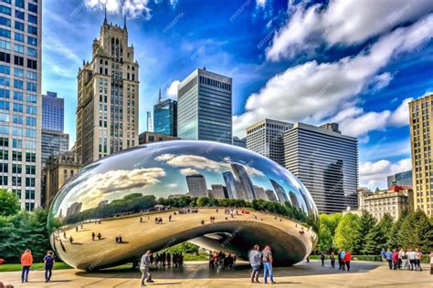 Iconic Reflection The Chicago Bean In Millennium Park Premium Ai