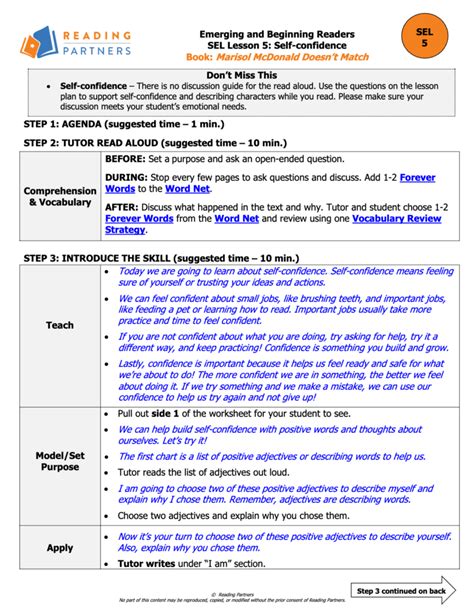 Sample Social Emotional Learning Sel Lesson Plans Reading Partners
