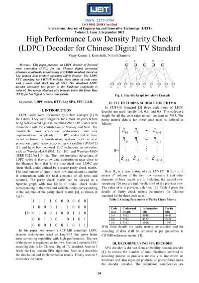 High Performance Low Density Parity Check Ldpc Decoder For Ijeit