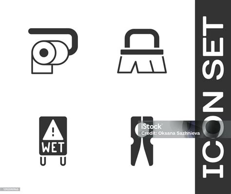 옷 핀 화장지 롤 젖은 바닥 및 브러시를 청소 아이콘으로 설정합니다 벡터 경계 표지에 대한 스톡 벡터 아트 및 기타 이미지