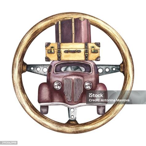 여행 가방과 복고풍 스티어링 휠이 있는 빈티지 자동차 손으로 만든 수채화 일러스트입니다 자동차로 복고풍 여행 격리 배너 전단지 포스터용 인쇄물 스티커 엽서 및 배지용 0명에