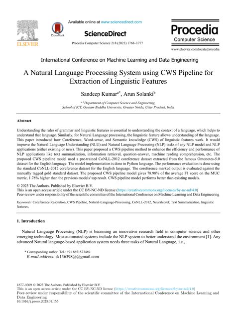 Pdf A Natural Language Processing System Using Cws Pipeline For Extraction Of Linguistic Features