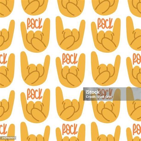 로큰롤 손 기호 아이콘이 있는 패턴입니다 만화 노란색 손이 줄지어 흰색 배경에 바위 기호와 함께 텍스트와 함께 있습니다 직물과