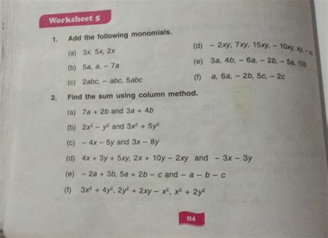 Workssheet 51 Add The Following Monomials A 3x 5x 2x D −2xy 7xy 15