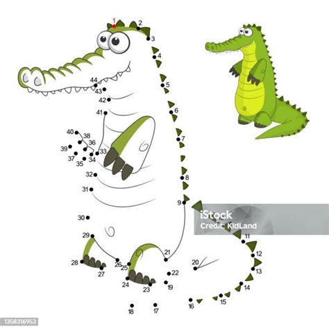 숫자에 점 게임과 아이들을위한 답변 점으로 숫자를 연결하고 그림을 완료합니다 만화 귀여운 악어 캐릭터와 교육 게임 및 색칠
