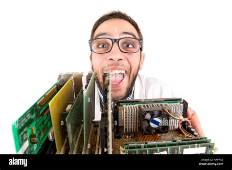 Nerd Engineer Posing With Computer Components Isolated In A White