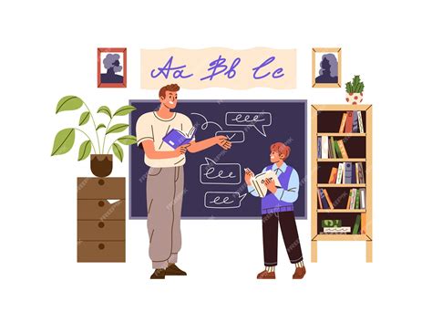 Premium Vector 英语教师在课堂上在黑板上解释 学生在学校课堂上学习文学 男子在班上教学生 白色背景上平坦的孤立向量插图
