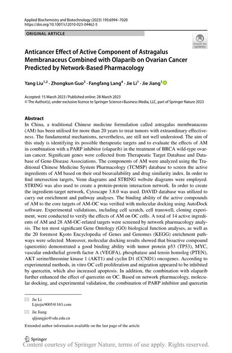 Anticancer Effect Of Active Component Of Astragalus Membranaceus Combined With Olaparib On